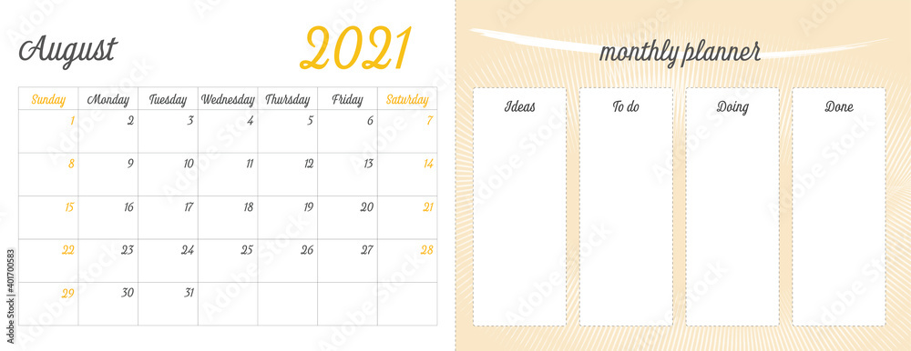 Vetor August 2021 Full Monthly Planner: August Calendar on the Left ...