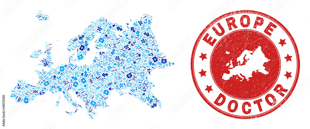 Vector collage Europe map with healthcare icons, chemical symbols, and ...