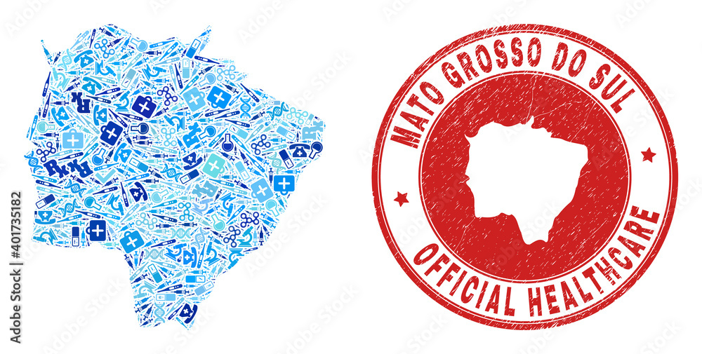 Vector mosaic Mato Grosso do Sul State map with dose icons, hospital symbols, and grunge ...