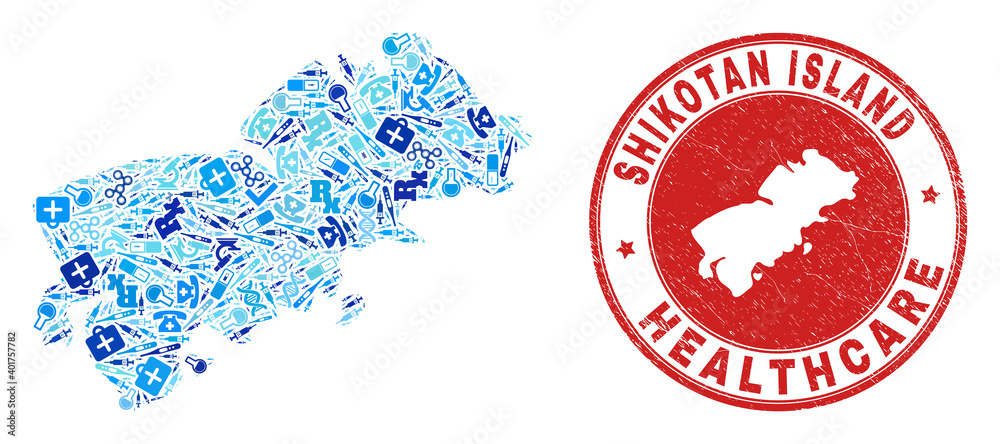 Vector mosaic Shikotan Island map with healthcare icons, test symbols ...
