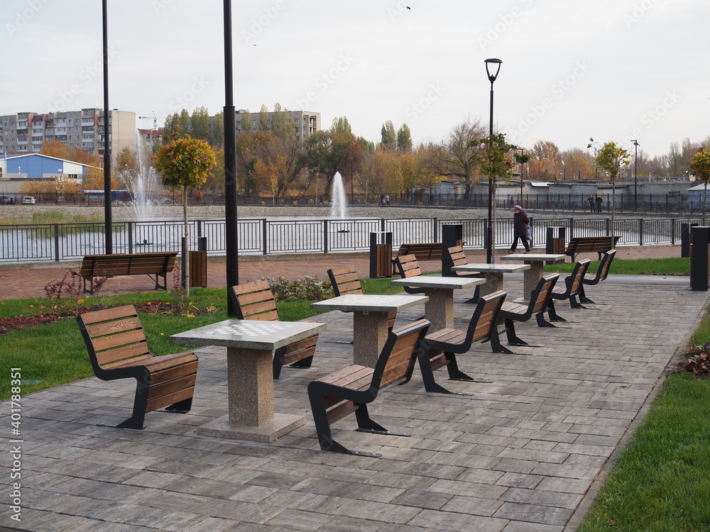 Concrete chess table for outdoor play. Chess playground in the city ...