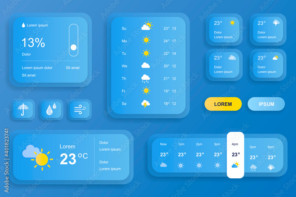 GUI elements for weather forecast mobile app. Temperature, atmospheric ...