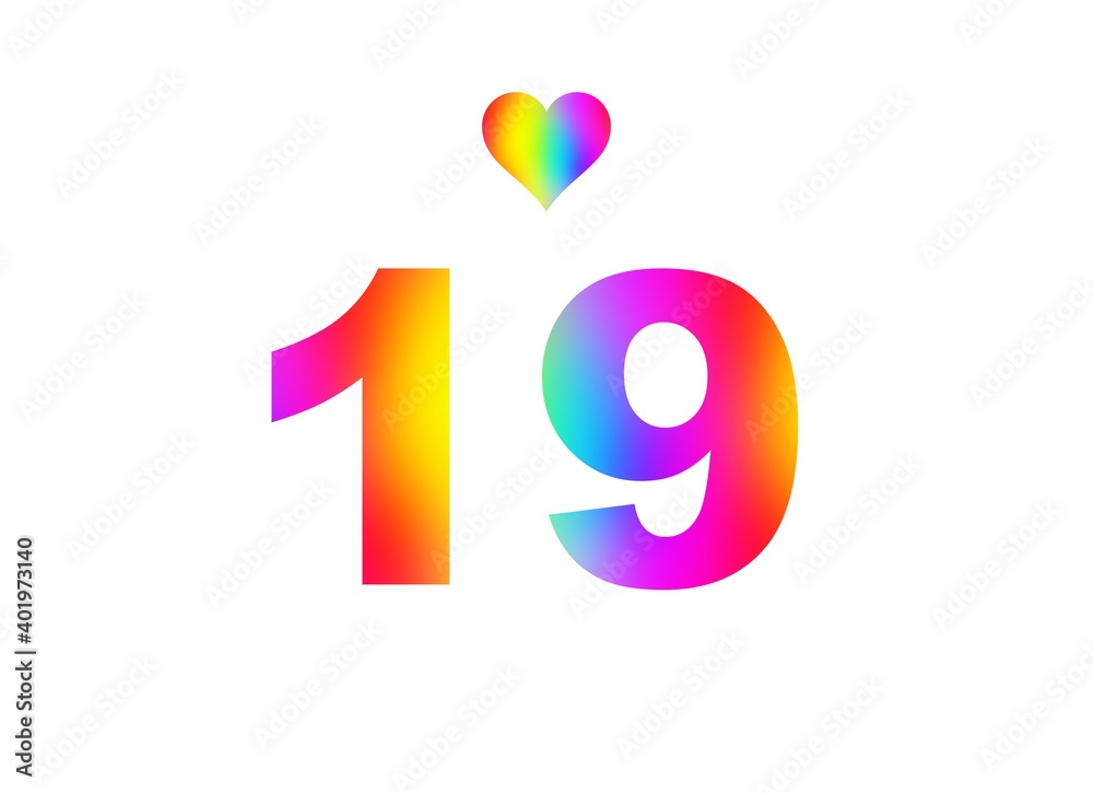 19th birthday card illustration with multicolored numbers isolated in ...