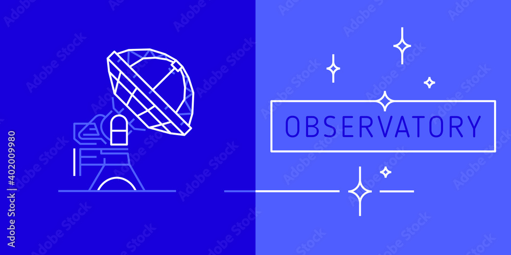 Contour illustration telescope building in trendy minimal style. Vector linear icon observatory ...