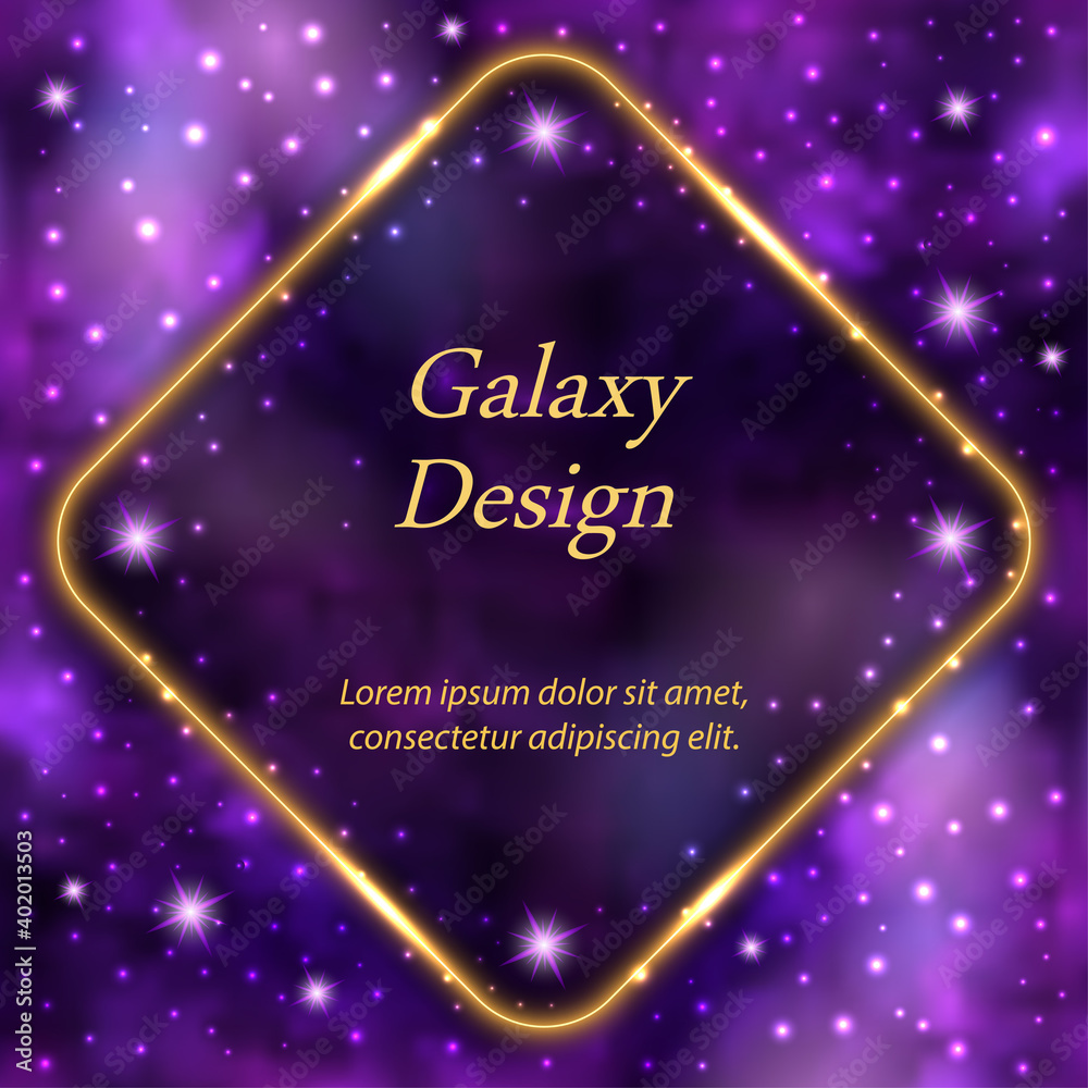 Golden glowing frame on galaxy space background. Gold rhumbic border ...