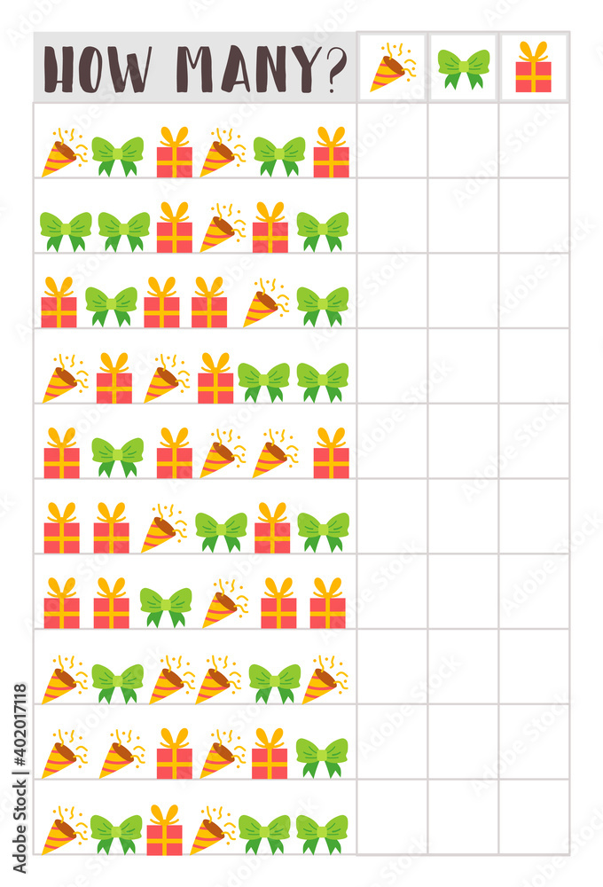 Counting children game of cartoon gift boxes. Kids learning collection ...