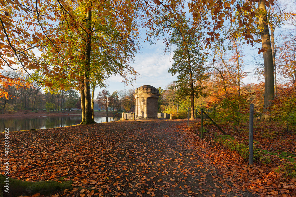 Krefeld - View to rearside of.Deuss temple at City Park in autumn mood ...