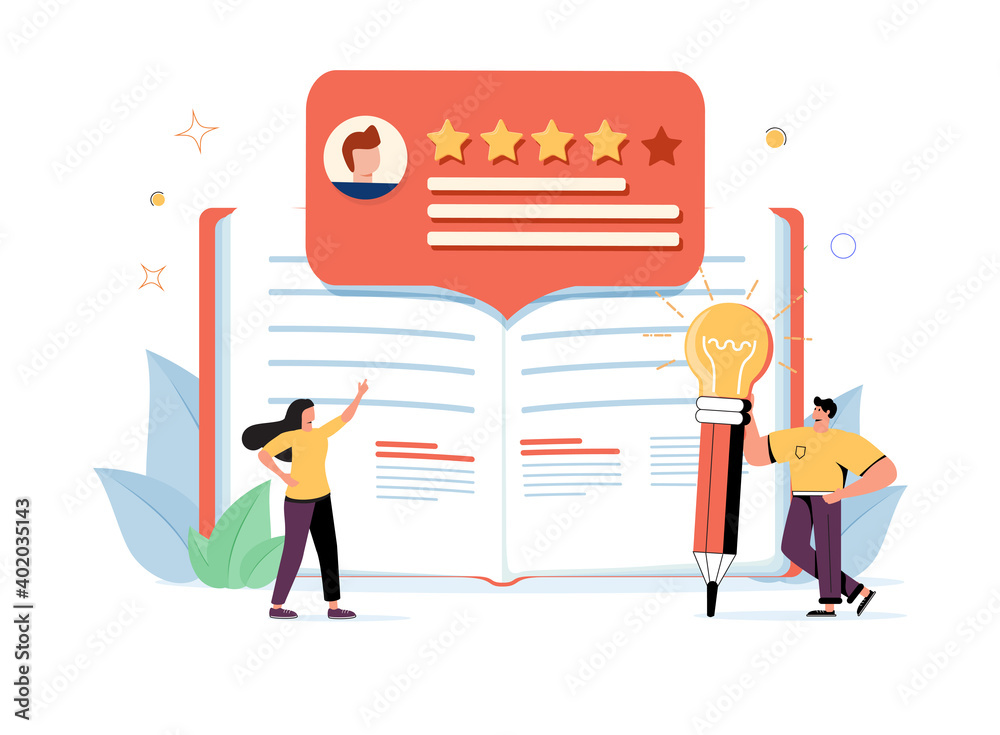 Book review vector illustration. Reading feedback flat tiny persons ...