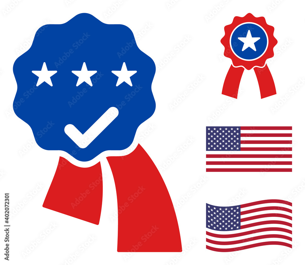Award seal ribbons icon in blue and red colors with stars. Award seal ...