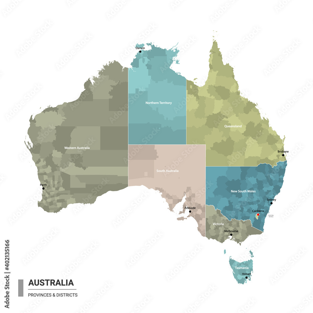 Australia higt detailed map with subdivisions. Administrative map of ...