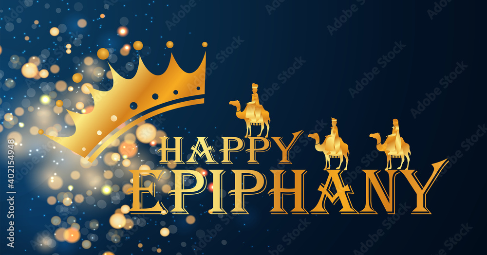card or banner on Happy Epiphany in gold with crown and camels in gold ...