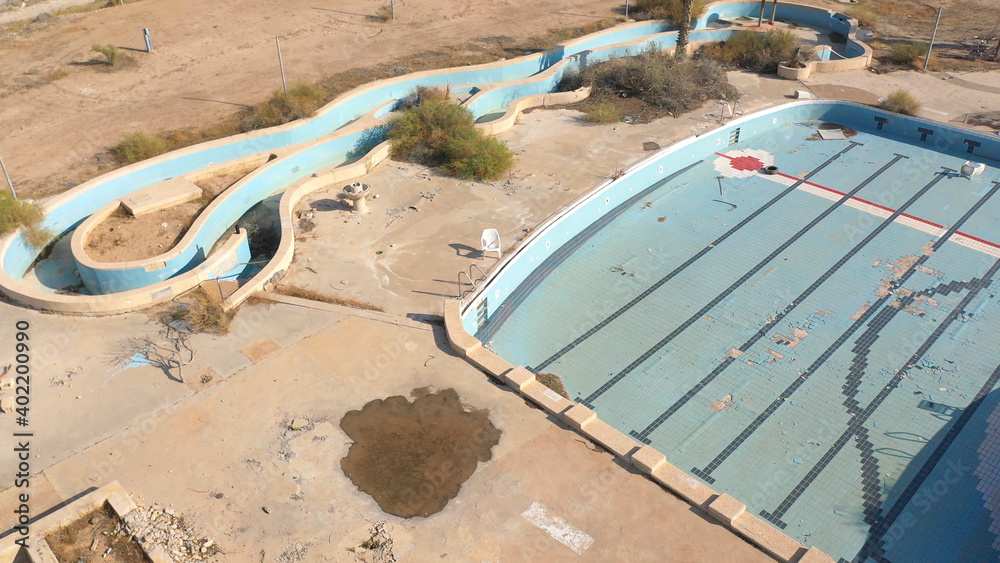 Closed Abandoned water park Aerial view, Dead sea, Israel apocalyptic ...