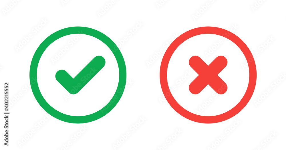 Green check mark and red cross icon.Set of simple icons in flat style: Yes/No, Approved ...