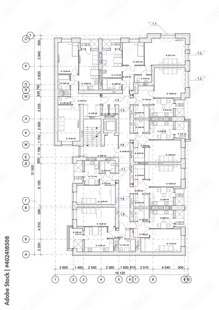 Detailed architectural multistory building floor plan, apartment layout ...