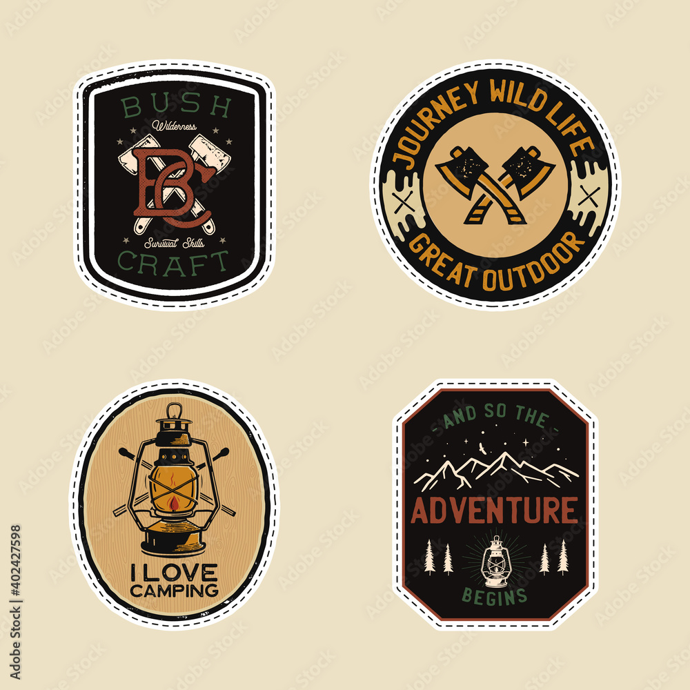 Ilustración de Stock Vintage camp patches logos, mountain badges set. Hand drawn stickers ...