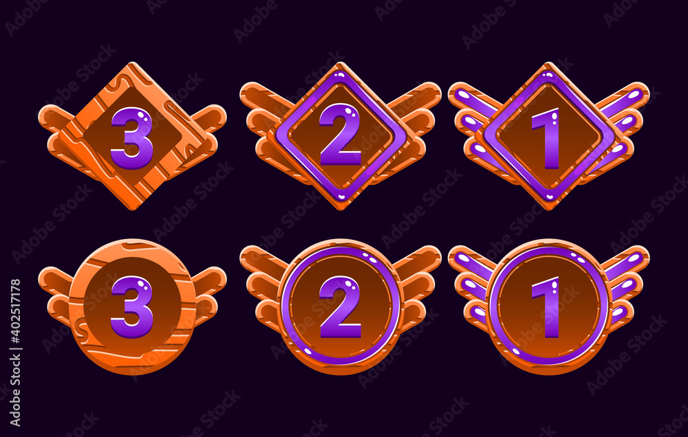 set of funny wooden jelly game ui rounded awards rank medal for gui ...