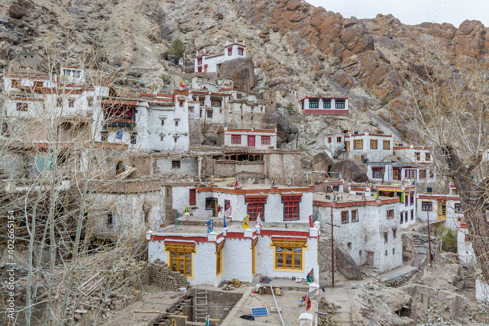 Tibetan traditional wooden buildings of Hemis monastery in the valley ...