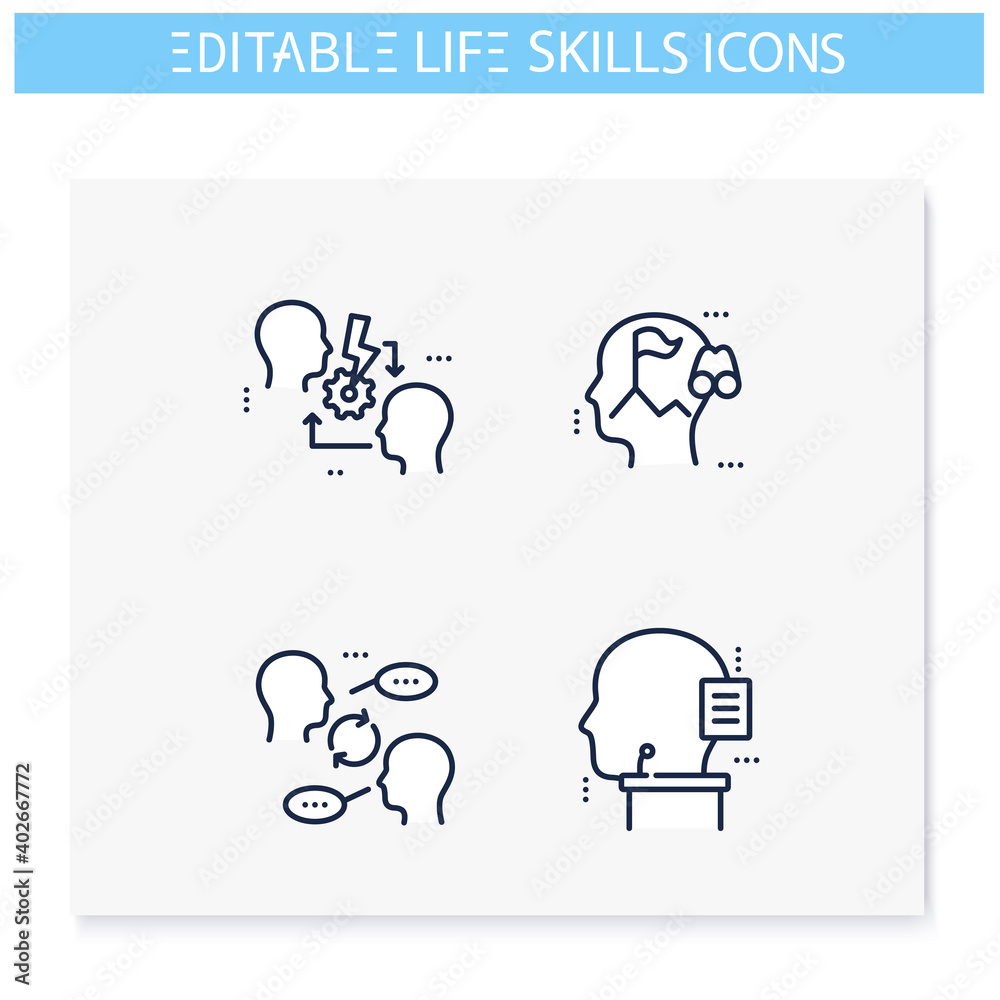 Life skills line icons set. Personality strengths.Diplomacy, oratory ...