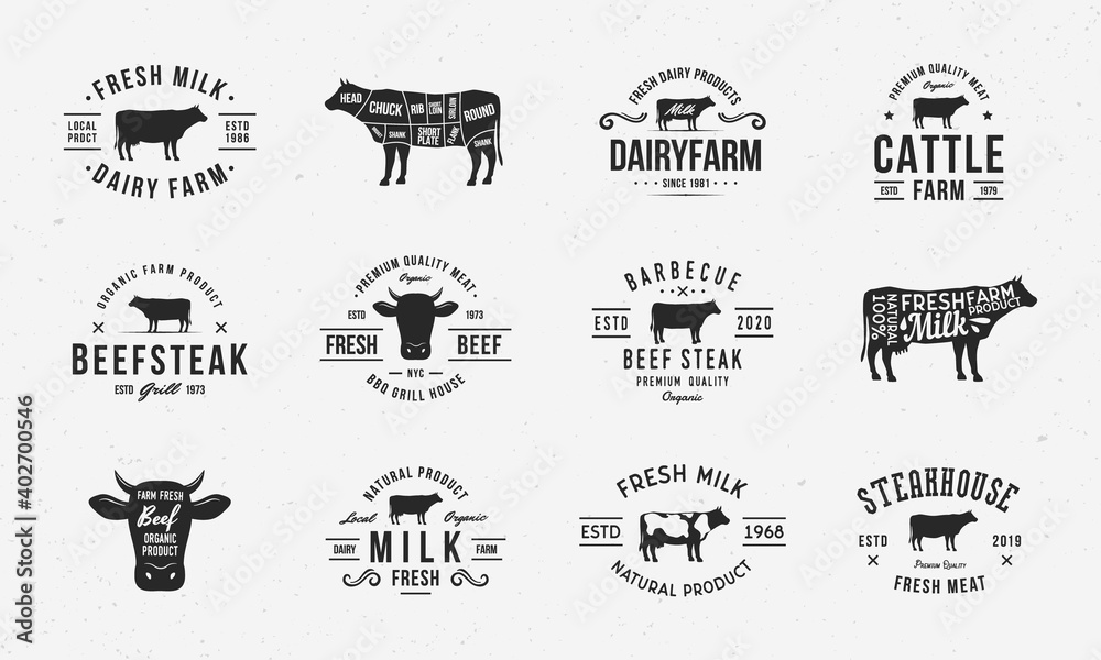 Cow, Beef vintage logo set. 12 Butchery labels, emblems with cow ...