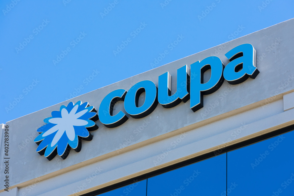 Coupa logo and sign atop of headquarters of Coupa Software company ...