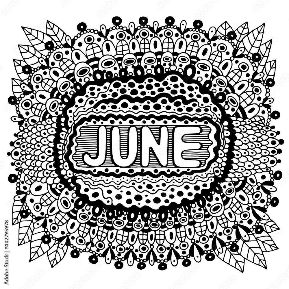 June - coloring page for adults. Mandala with months of the year ...