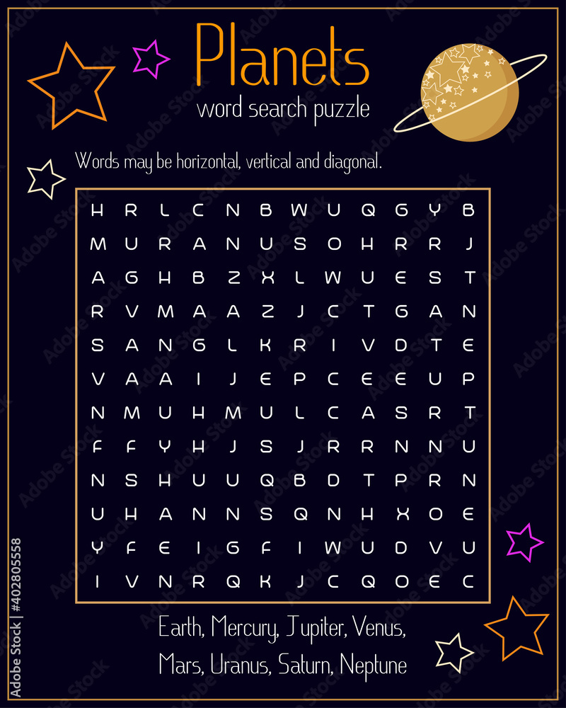 Planets word search puzzle. Educational game for learning English ...