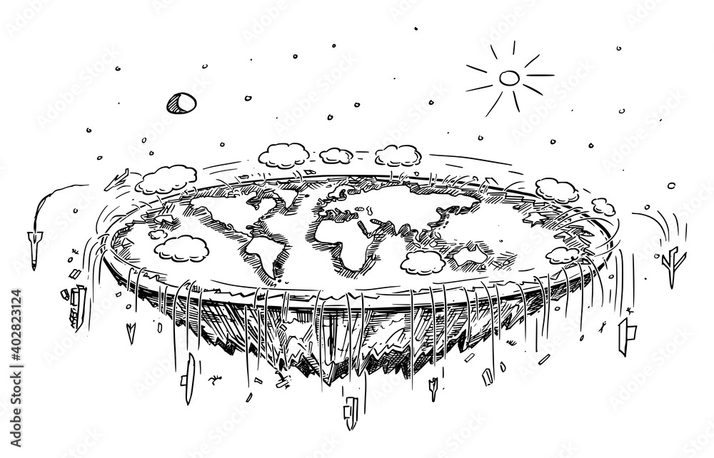 Vector Cartoon Illustration or black and white drawing of Flat Earth in ...