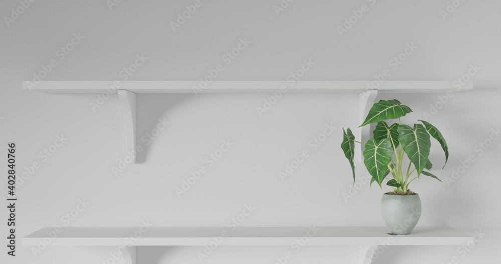 3d render Front view of empty shelf on white table showcase and wall ...