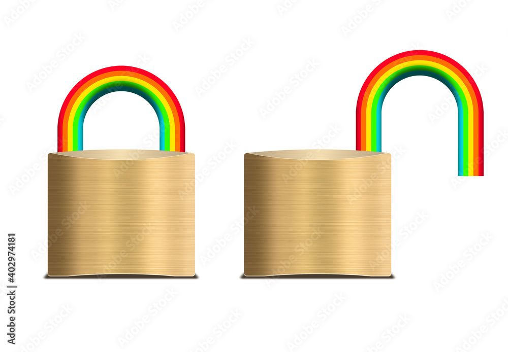 Illustration of lock-down, pad lock with rainbow. Concept to show a ...