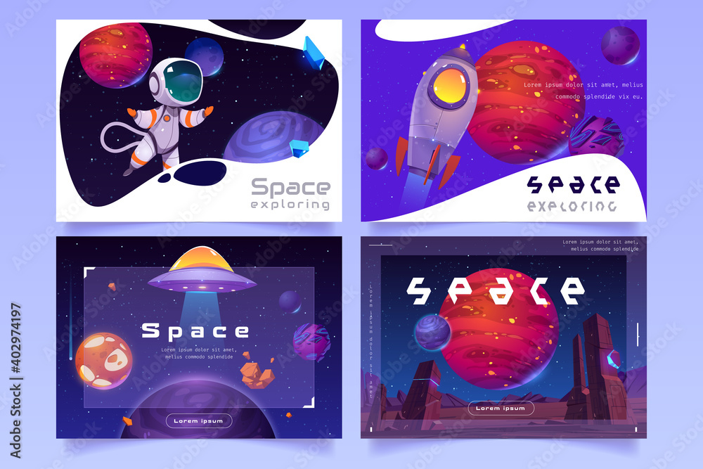 Space posters, galaxy exploring flyers. Vector set of futuristic ...