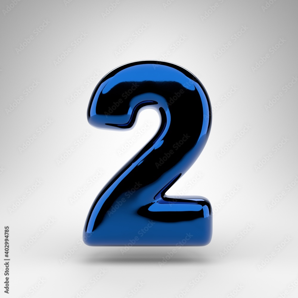 Number 2 on white background. Blue chrome 3D number with glossy surface. Stock Illustration ...