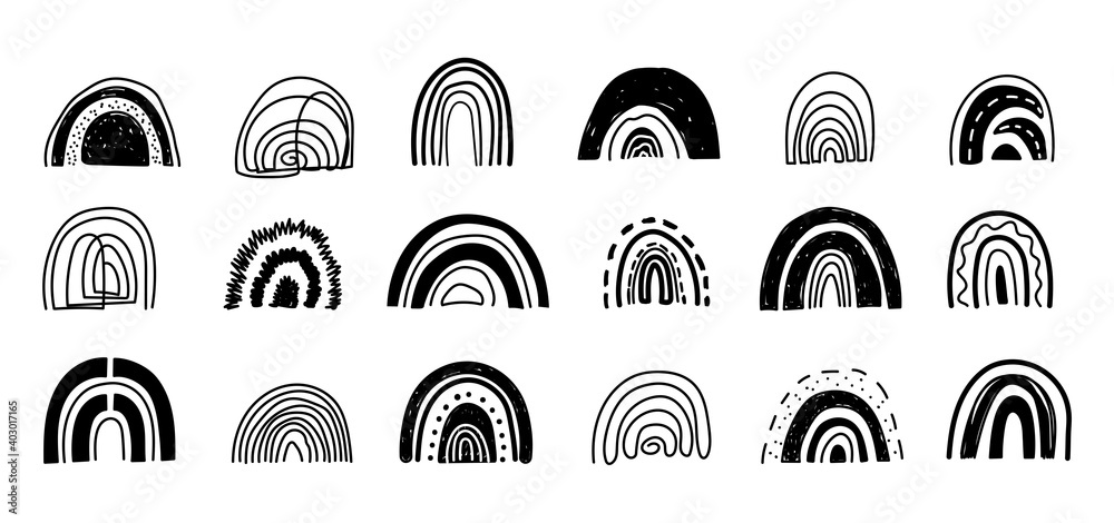 Set of hand drawn abstract rainbows in trendy scandinavian style.Cute ...
