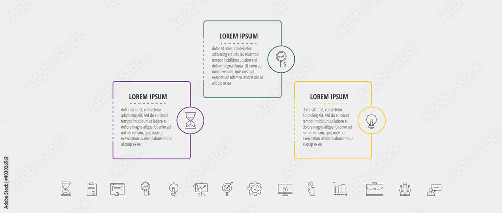 Square vector line infographic with three steps, circles. Rectangular ...