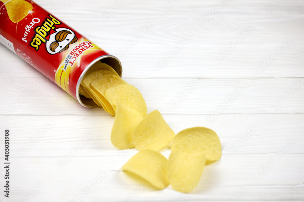 Pringles original flavour. Cardboard tube can with Pringles potato ...