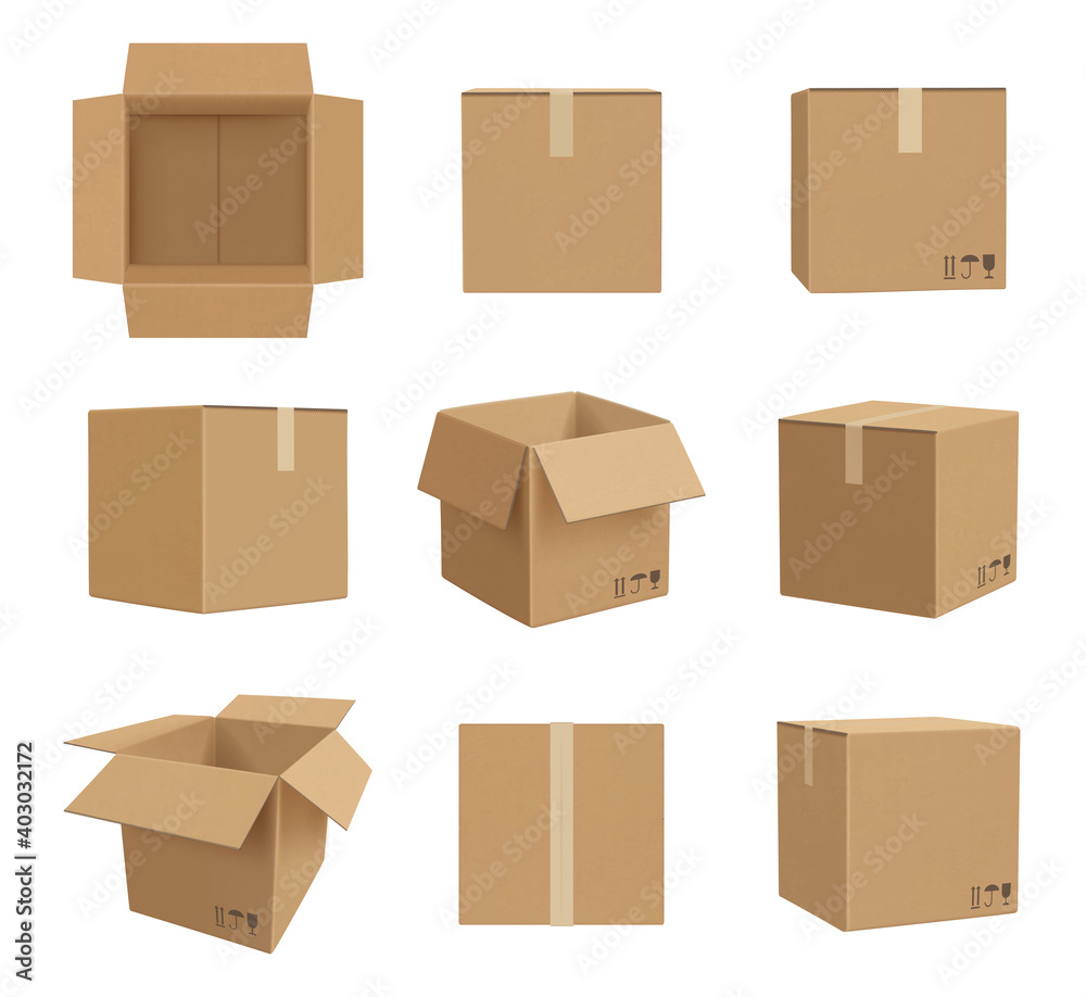 Cardboard boxes. Deliver craft packages front and side view decent ...