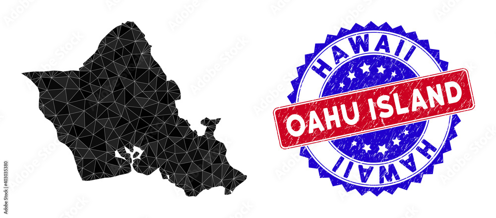 Oahu Island map polygonal mesh with filled triangles, and distress bicolor stamp seal. Triangle ...