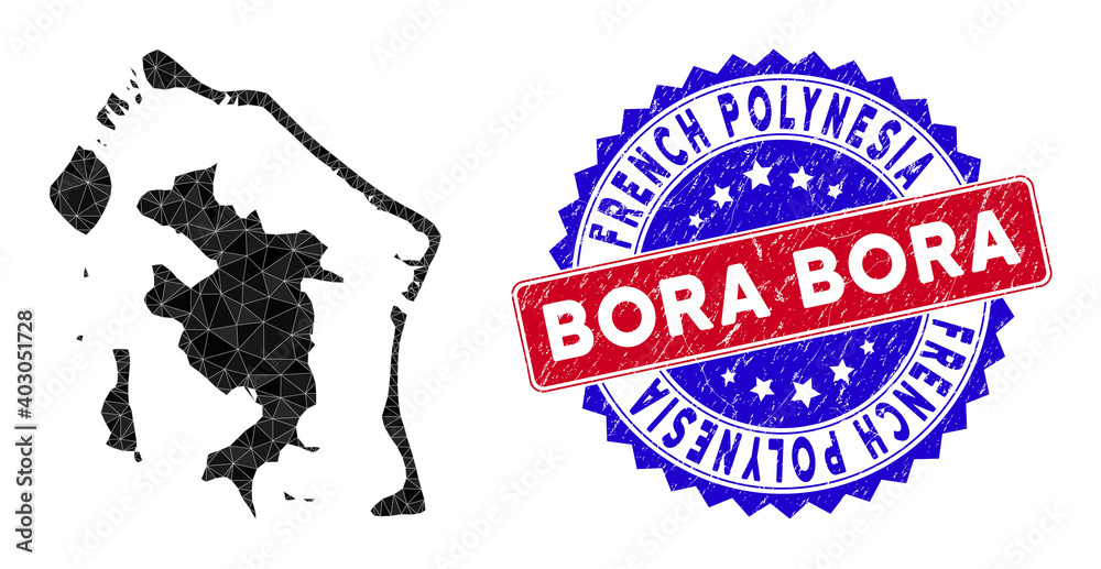 Bora-Bora map polygonal mesh with filled triangles, and rubber bicolor rubber seal. Triangle ...