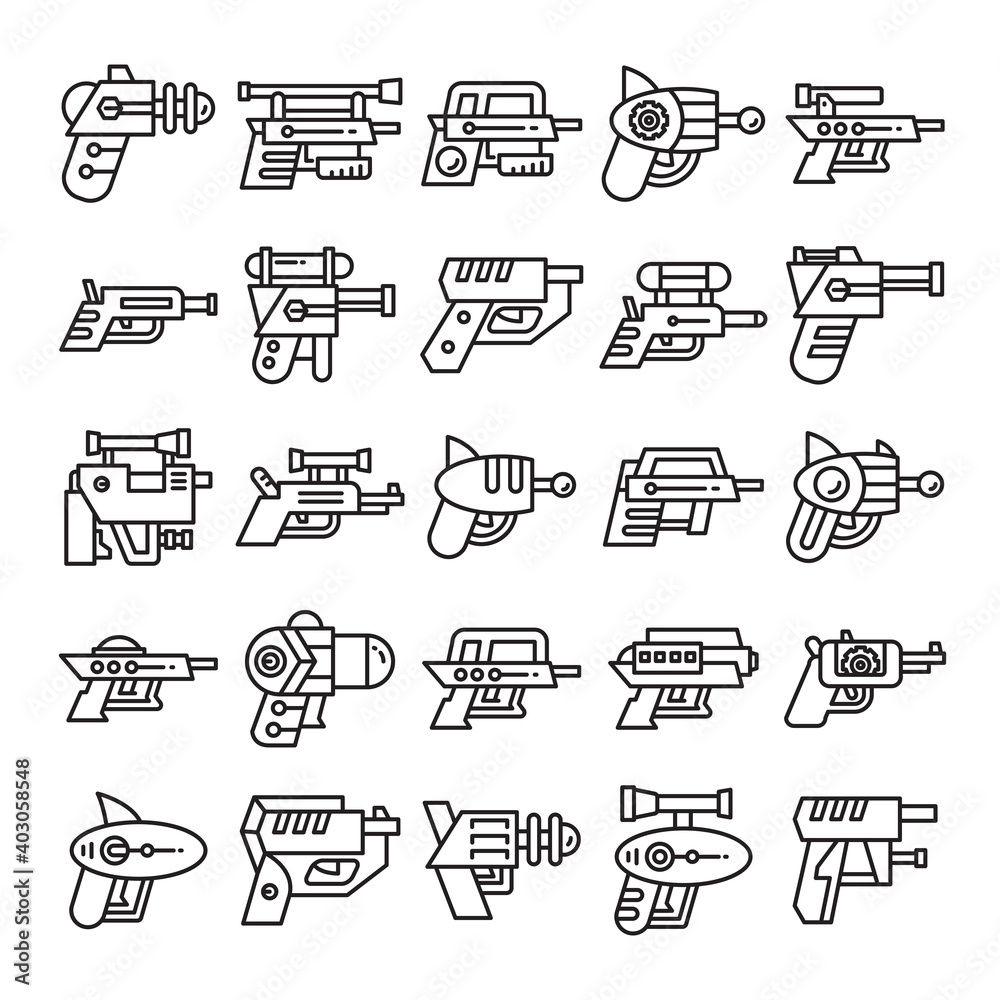 blaster, laser gun, futuristic gun icons vector set line design Stock ...