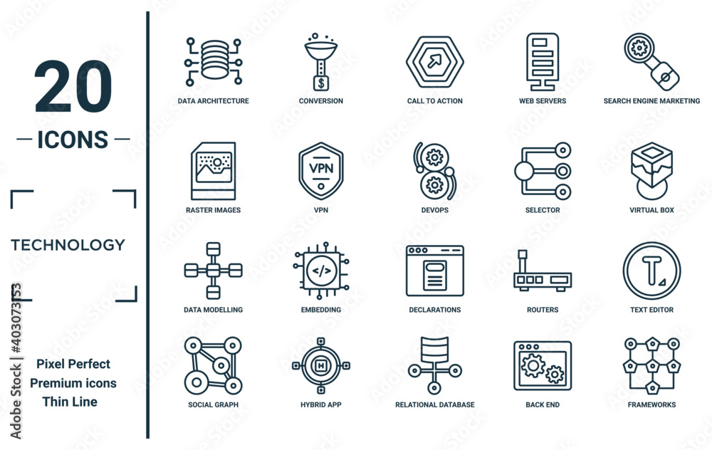 technology linear icon set. includes thin line data architecture ...