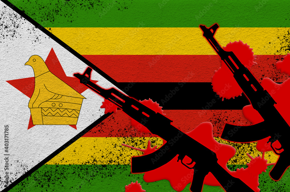 Zimbabwe flag and two black AK-47 rifles in red blood. Concept for ...