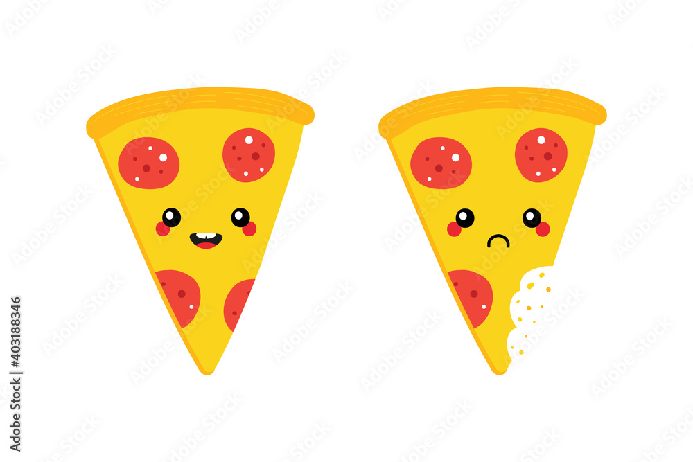 Cute cartoon style pepperoni pizza slice characters, happy smiling and ...