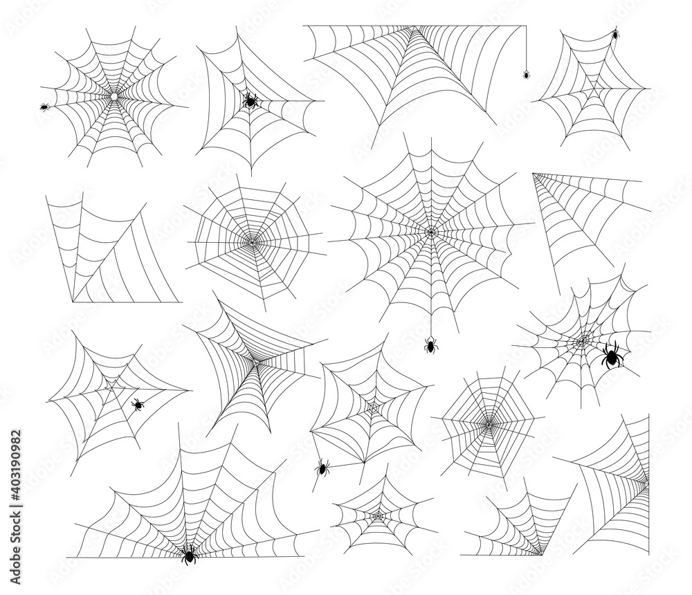 Cobweb trap and spider Halloween spooky art element set. Web various ...