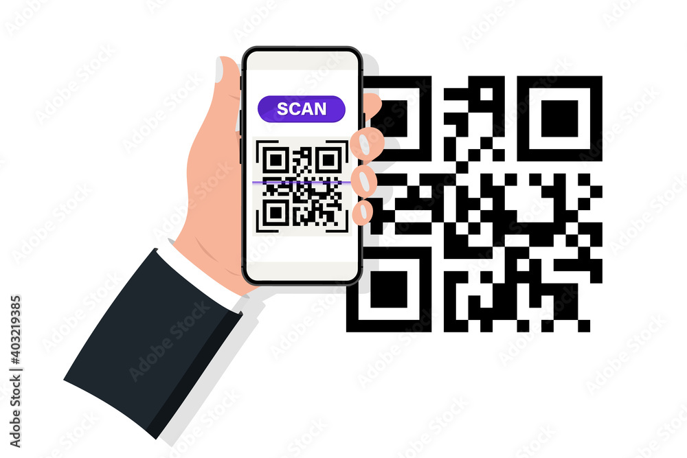 Hand holding smartphone with QR code scanner. QR code scanner. Scanning ...