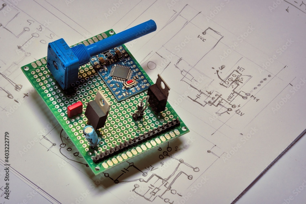 Prototype electronic circuit; DC motor control with elements such as a ...