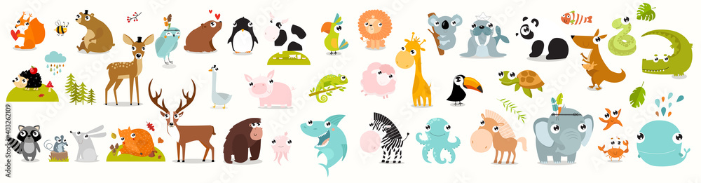 Print. Big set of animals. cow, alligator, bear, panda, penguin ...