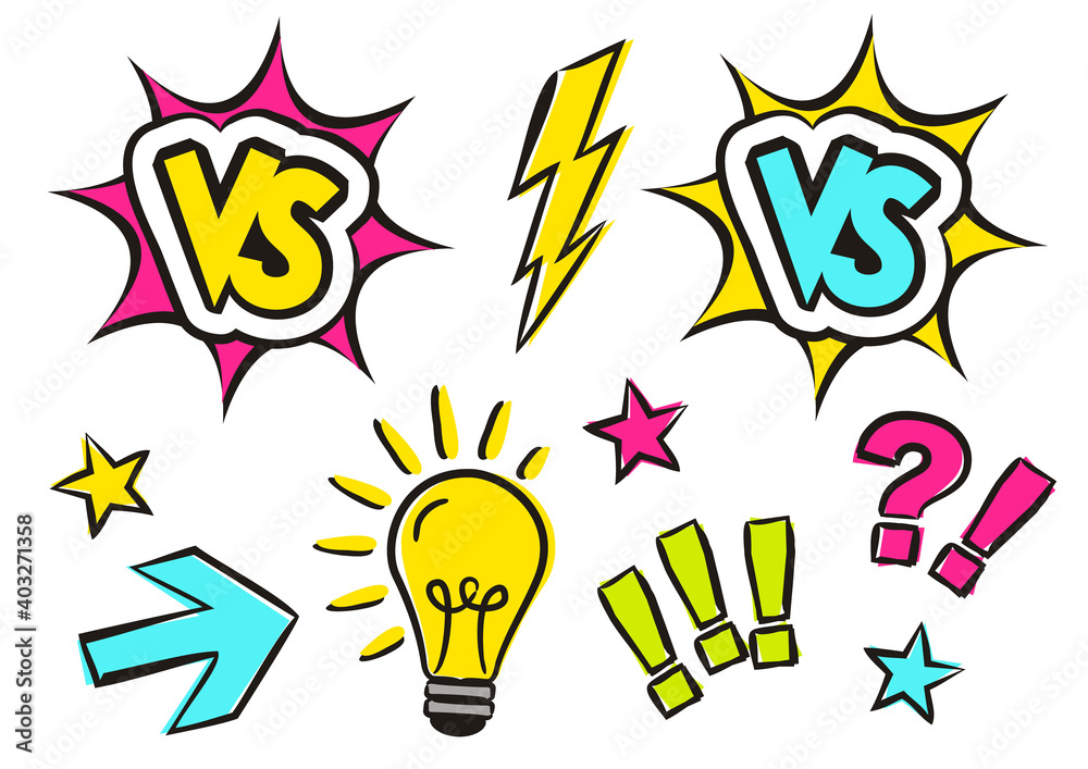 Vs comics elements in pop art style. Bright cartoon icons for a poster ...