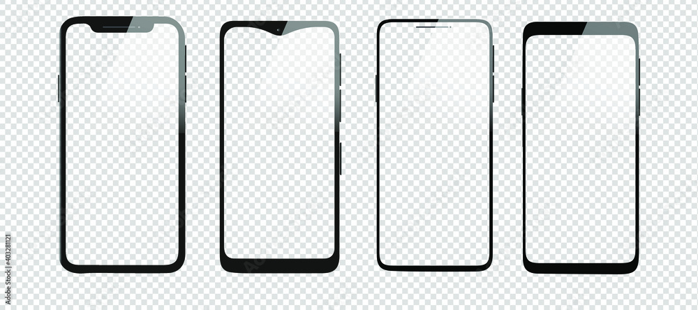 Realistic smartphone models with transparent screens and background ...