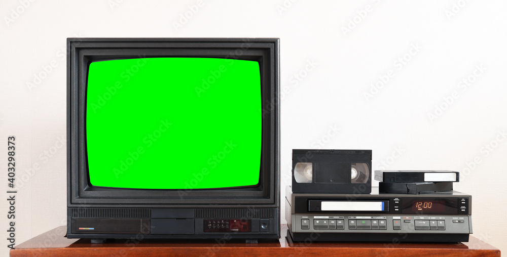 Old black vintage TV with green screen to add new images to the screen ...