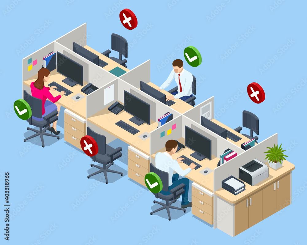Isometric social distancing poster for meeting room in office. Safety ...