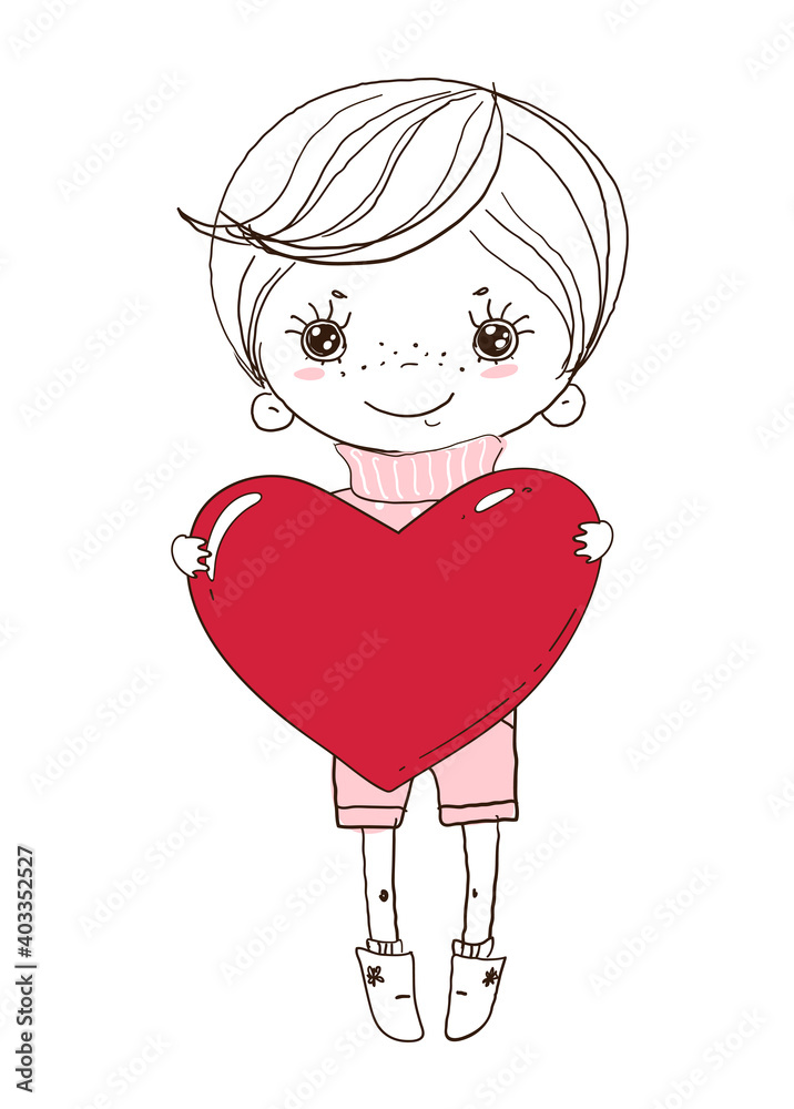Cute boy is holding a big red heart. Doodle illustration for wedding ...